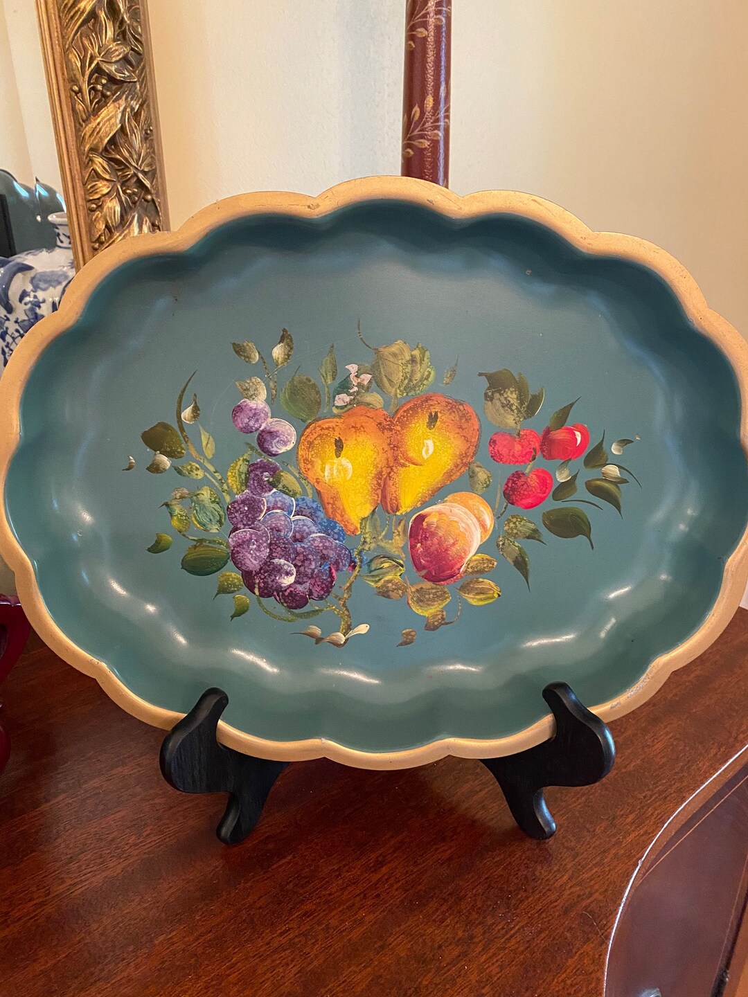 Large Nashco Hand Painted Tole Bowl/tray; Deep Teal Bowl/tray With Hand ...