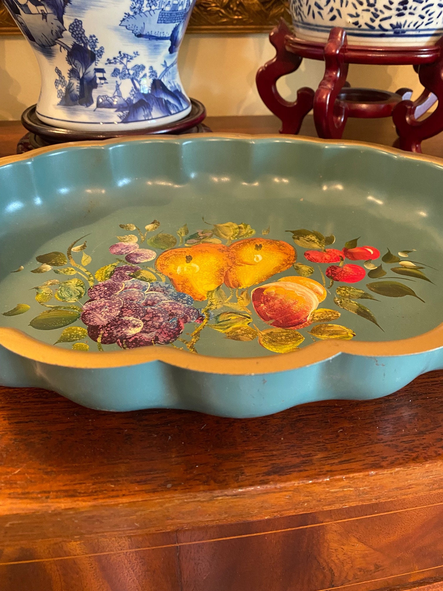Large Nashco Hand Painted Tole Bowl/tray Deep Teal Bowl/tray - Etsy