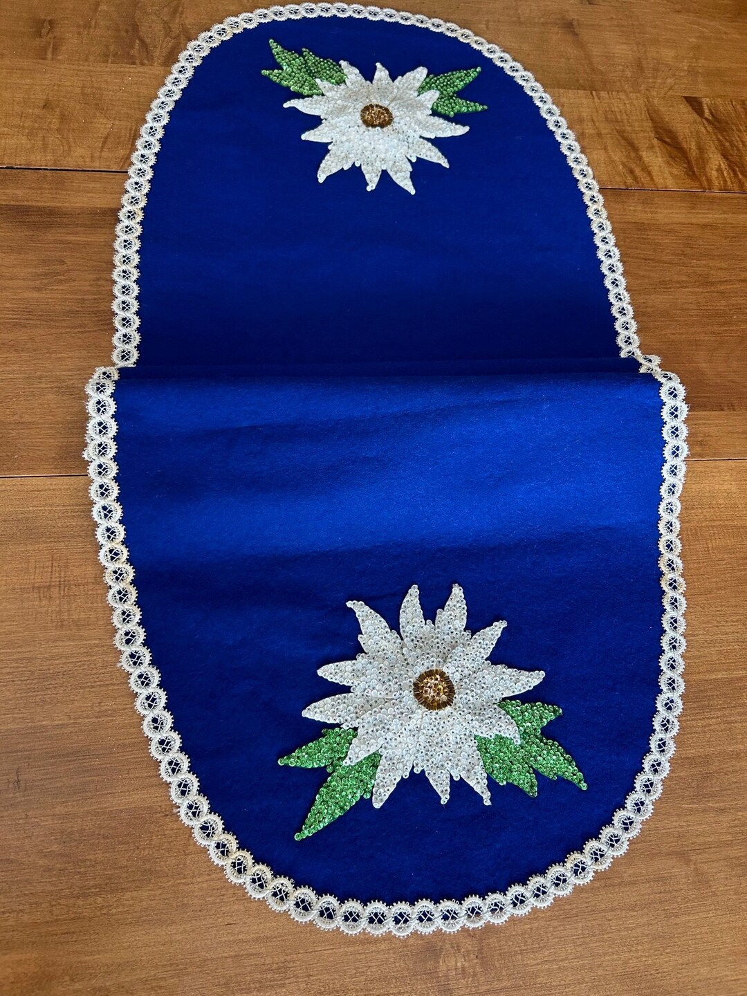 Vintage Christmas Table Runner; Felt With Bead and Sequin White ...