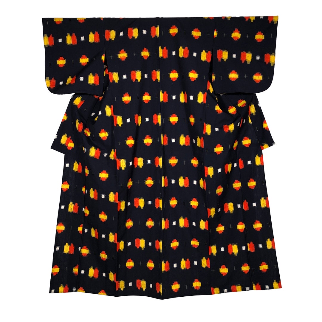 Vintage Japanese Kimono / Kimono / Wool / Komon / Blue / Red / Yellow ...