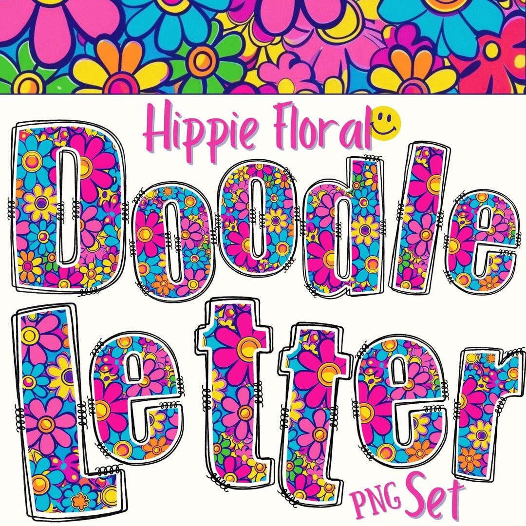 Hippie Floral PNG Alphabet, Uppercase and Lowercase Letters, Doodle ...