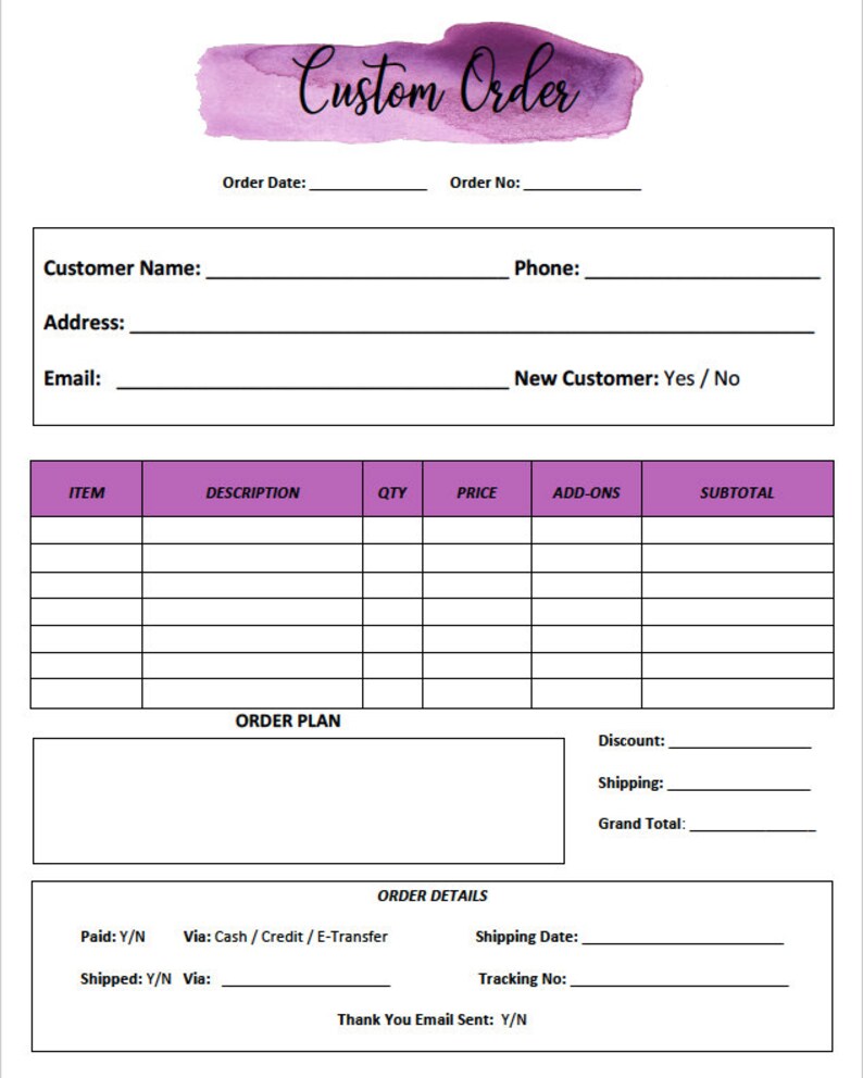 Custom Order Form Printable Template Small Business Etsy