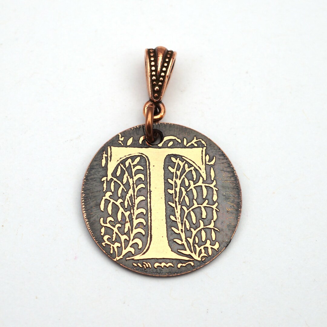 Letter T Pendant, Small Round Flat Metal Copper Etched Monogram 25mm - Etsy