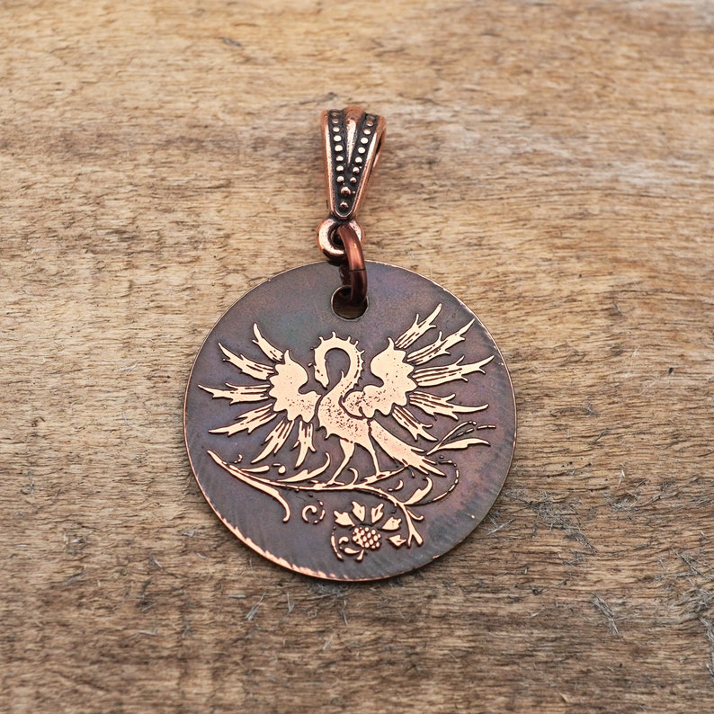 Copper phoenix pendant small round flat etched mythical bird | Etsy