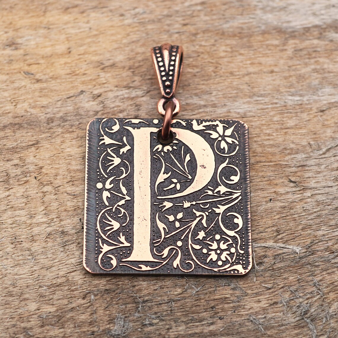 Letter P Pendant Etched Copper Flat Square Victorian Style - Etsy