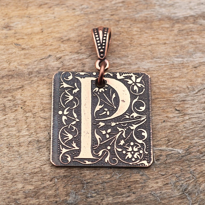 Letter P Pendant Etched Copper Flat Square Victorian Style - Etsy