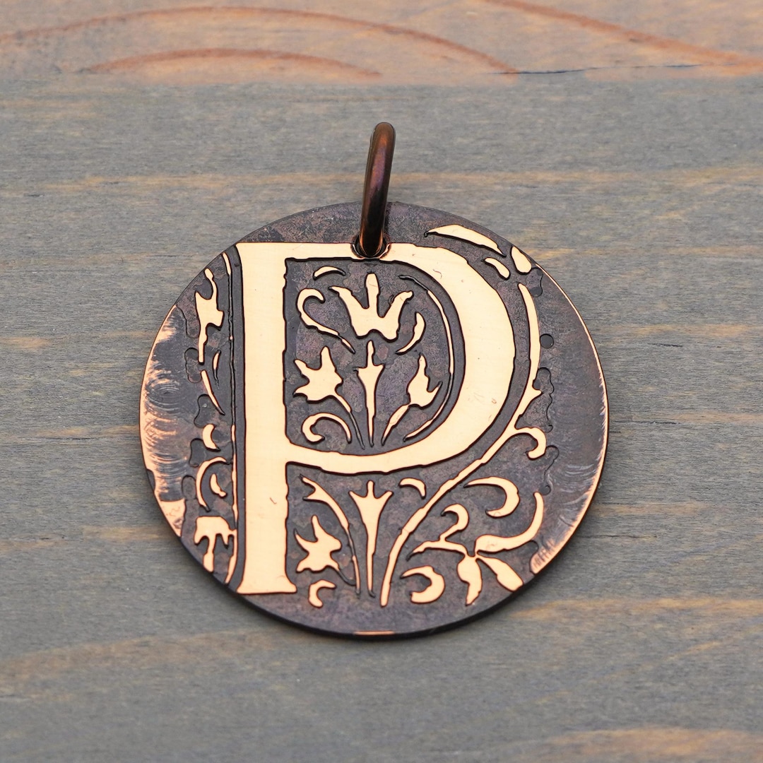 Small Engraved Letter P Pendant, Flat Round Metal Initial Monogram ...