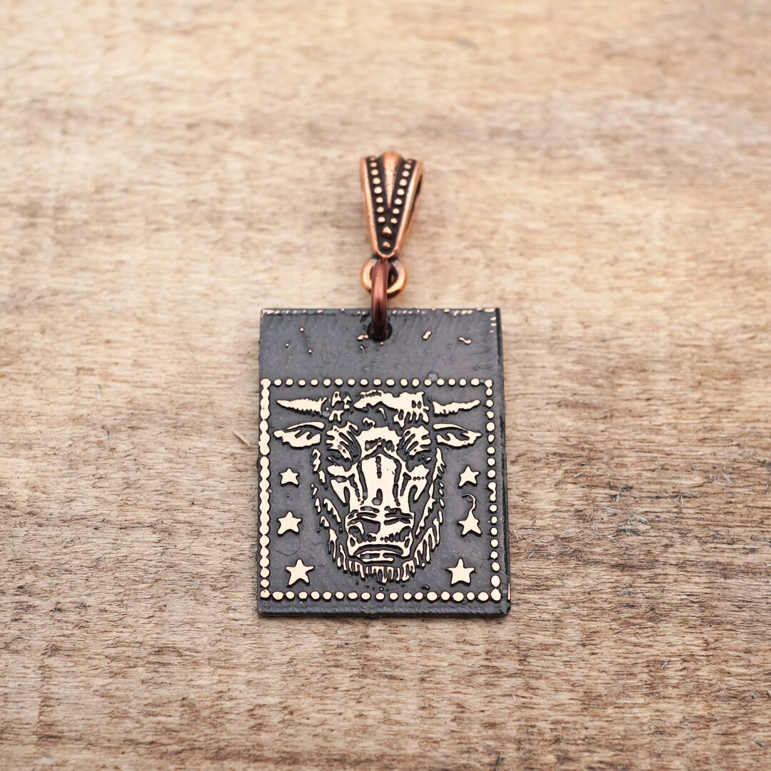 Taurus Zodiac Pendant, Small Flat Rectangular Etched Copper Bull ...