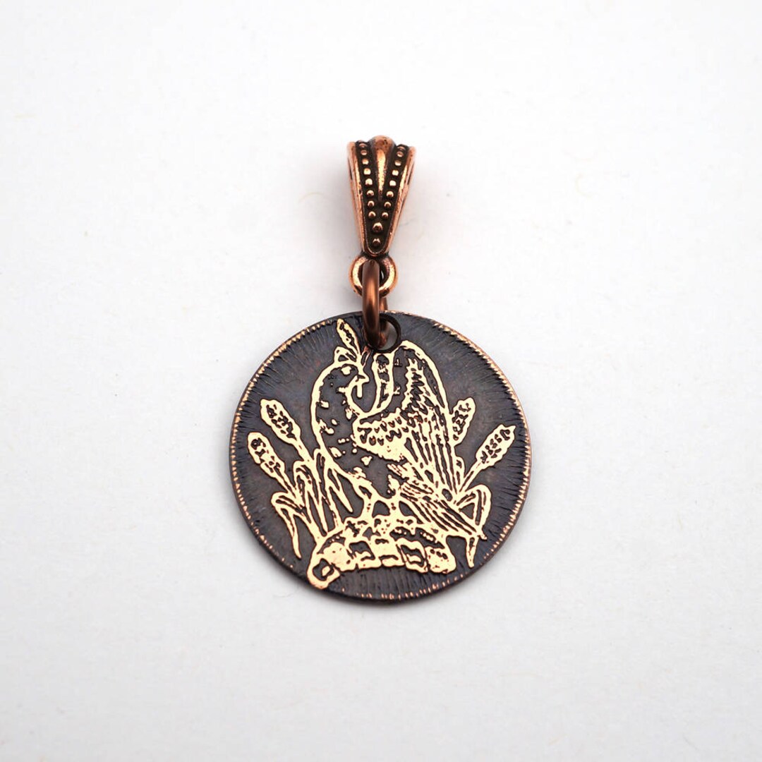 Dove With Wheat Family Crest Pendant, Round Etched Copper Bird Jewelry ...