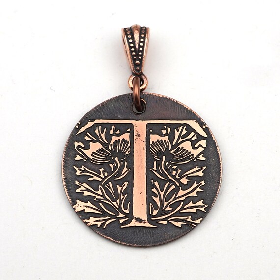 T Pendant With Leaves and Flowers Round Flat Antiqued Metal - Etsy
