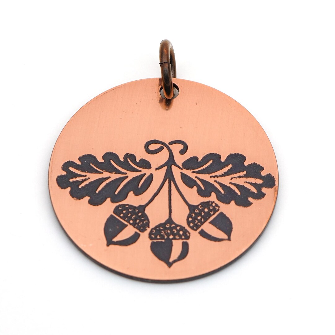 Engraved Copper Acorns and Oak Leaves Pendant, Flat Metal Jewelry, 28mm ...