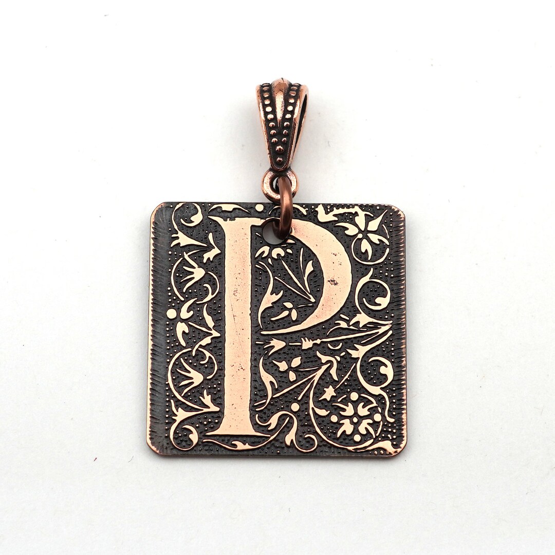 Letter P Pendant Etched Copper Flat Square Victorian Style - Etsy