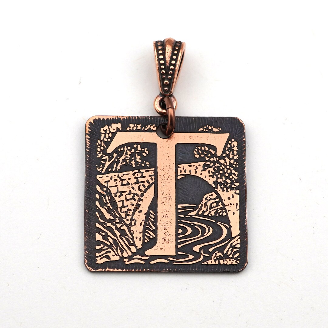 Square Letter T Pendant, Etched Copper Arch and River Design, 25mm - Etsy