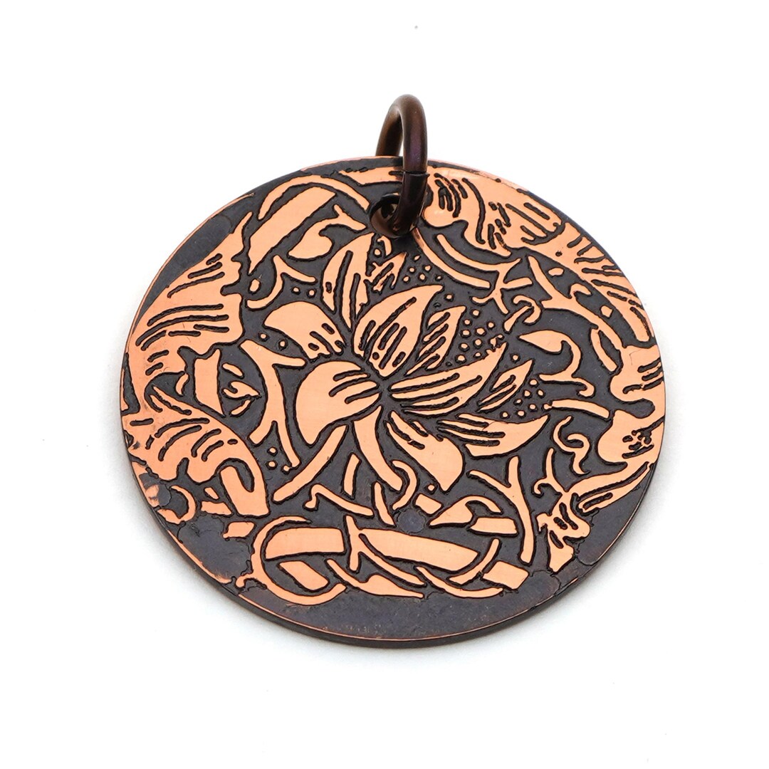 Engraved Copper Lotus Flower Pendant, Flat Round Metal Nature William ...