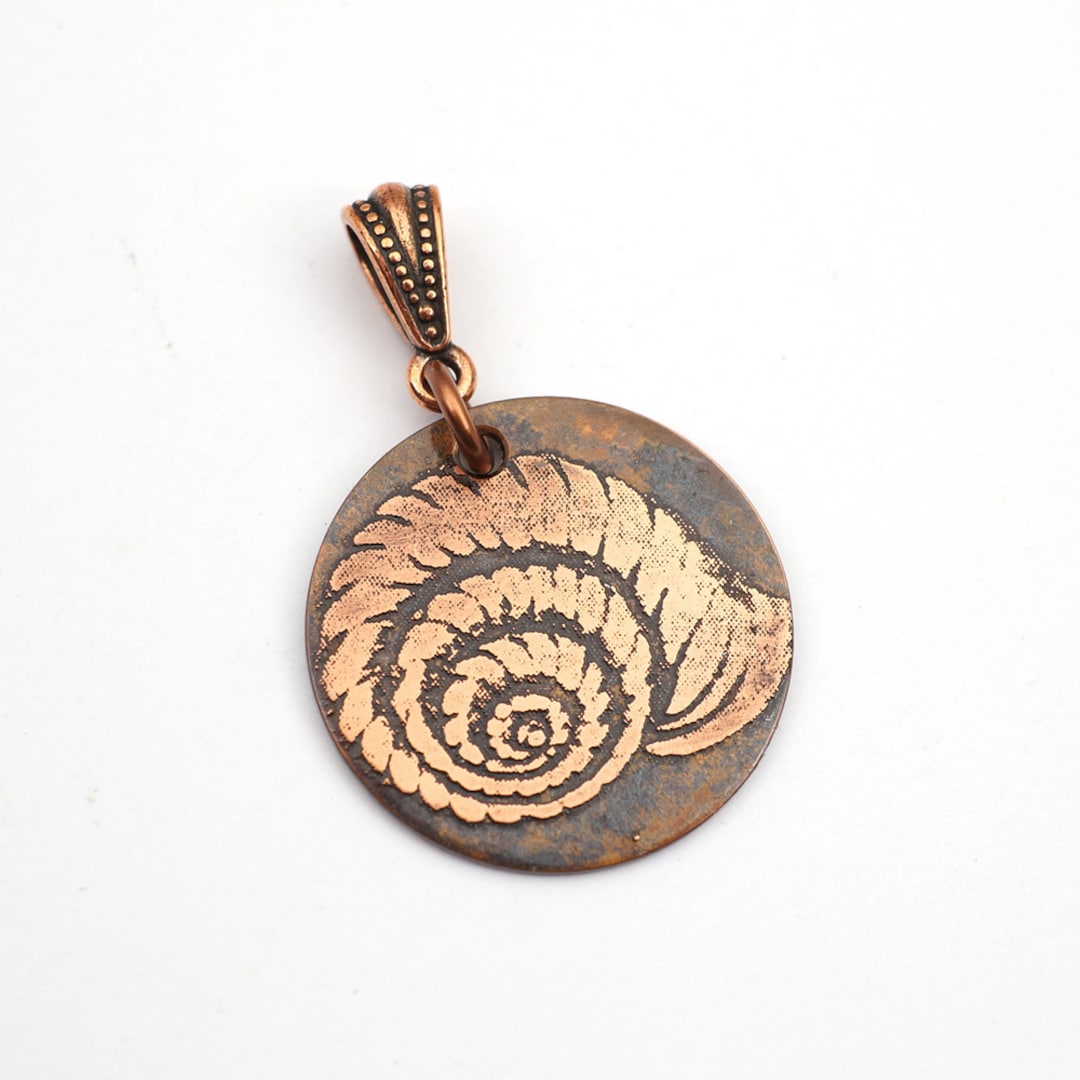 Etched Copper Shell Pendant, Small Round Flat Antiqued Metal Spiral ...
