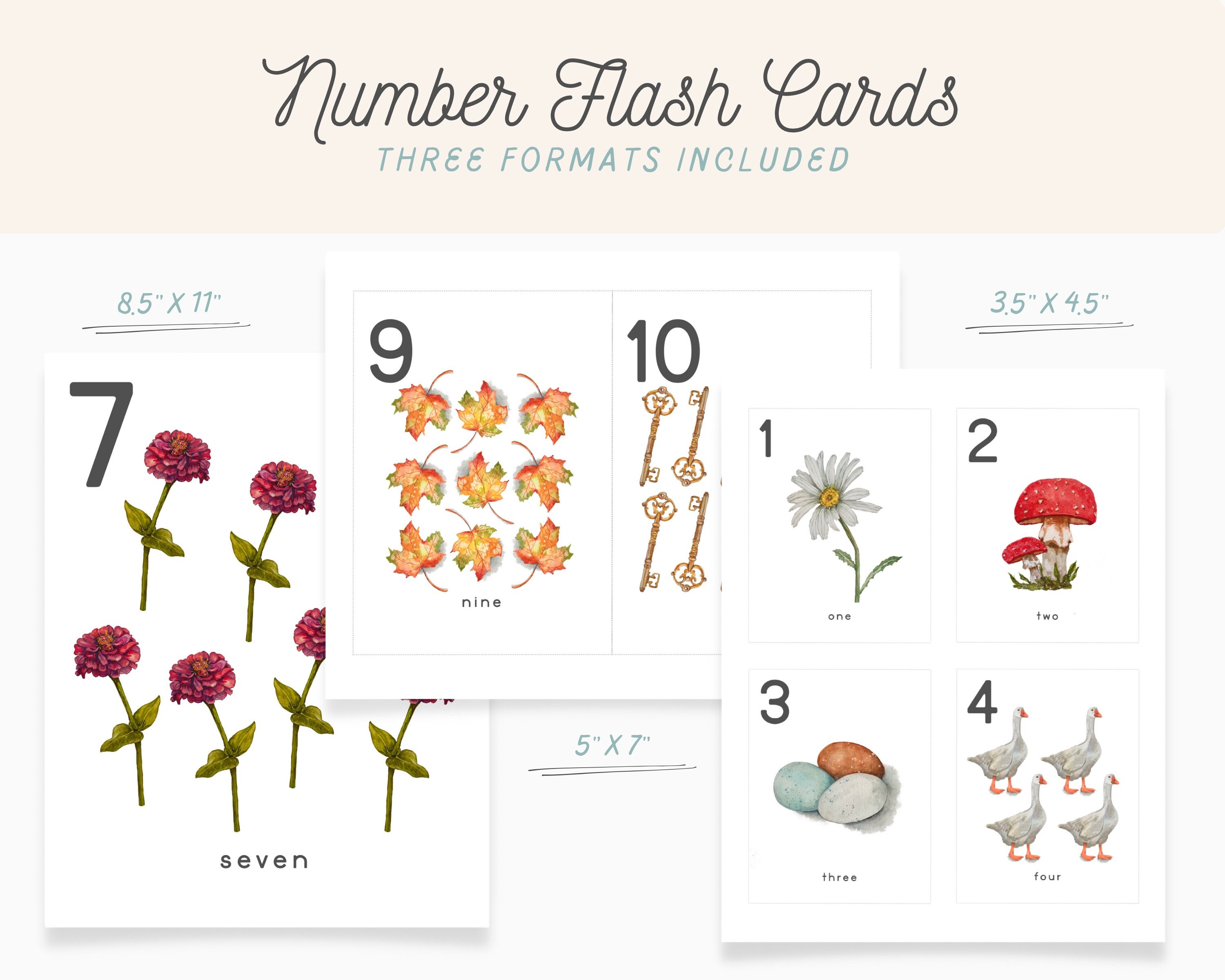 Watercolor Number Flash Cards, Nature Homestead Theme (digital Download ...