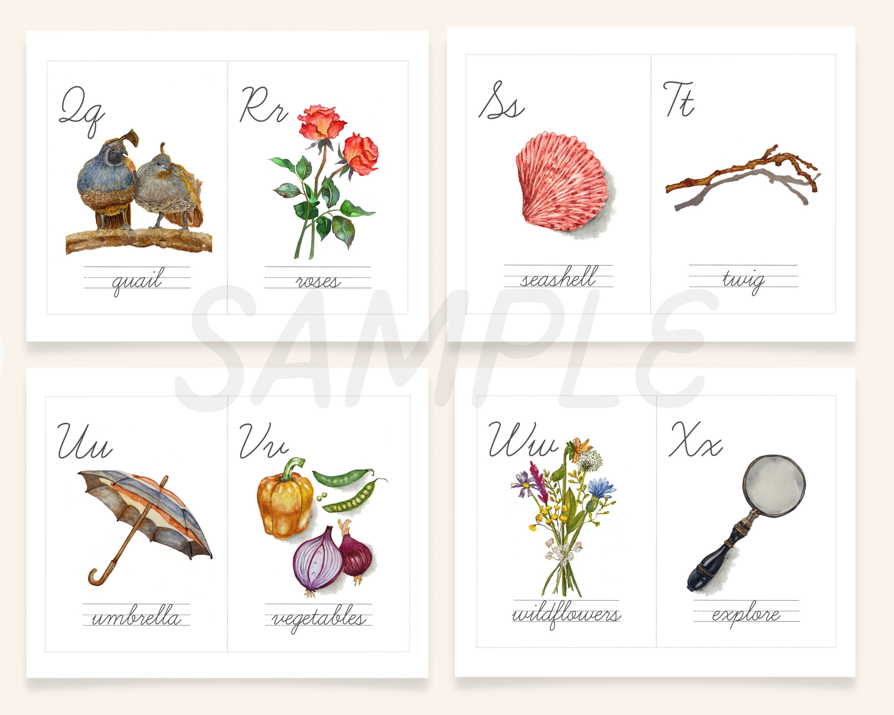 ABC Alphabet Cards Printable, Watercolor Nature Homestead Homeschool ...