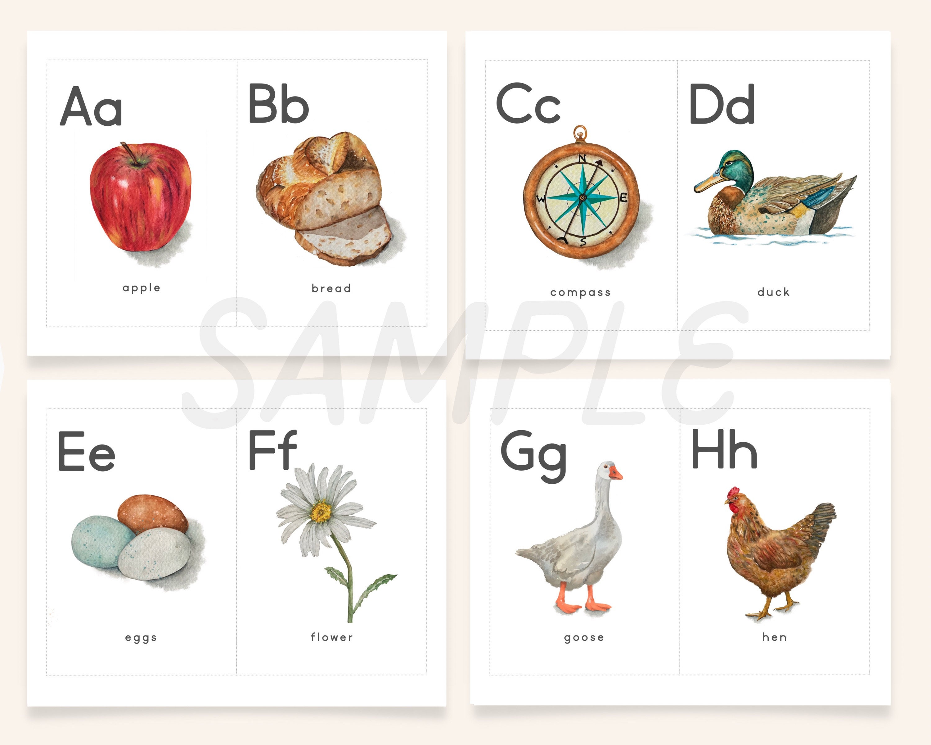 ABC Alphabet Cards Printable, Watercolor Nature Homestead Homeschool ...