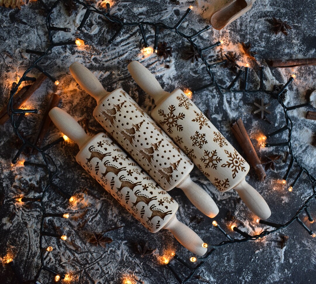 Set of 3 Christmas ROLLINGS Pins, Christmas Embossed Wooden Rolling Pin ...