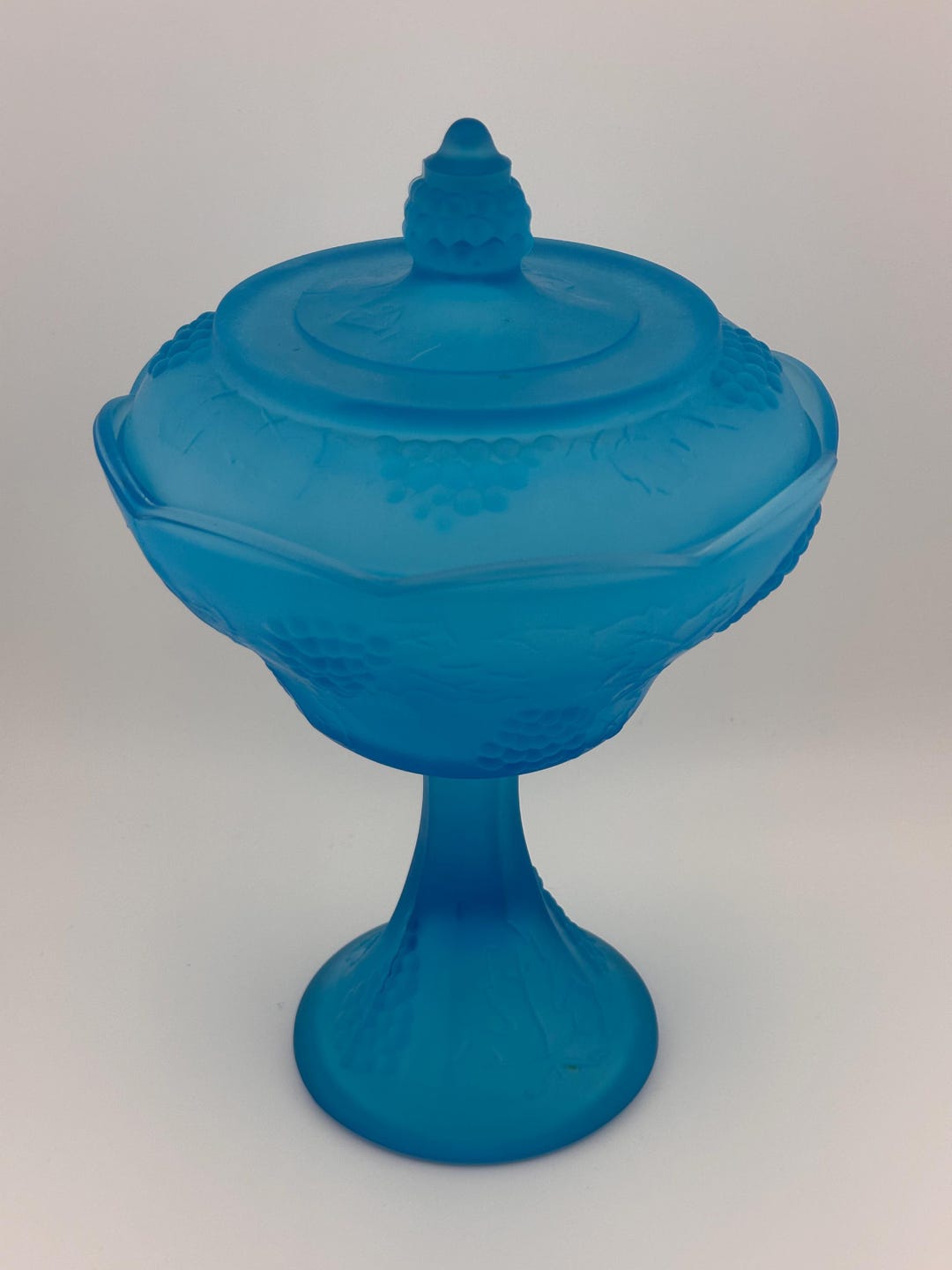 Vintage Indiana Glass Compote – Frosted Blue Harvest Pattern, Mid ...