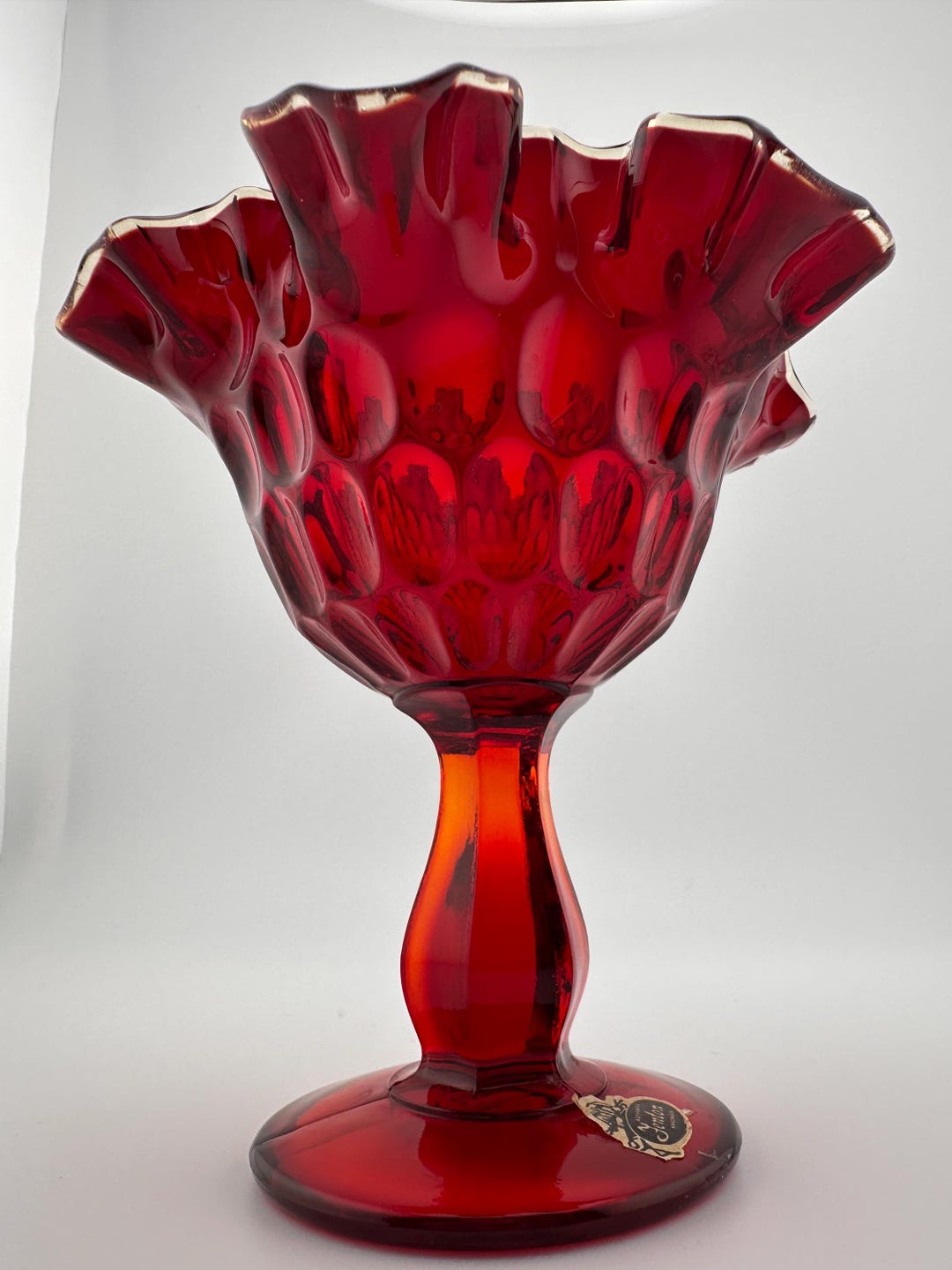 Vintage Fenton Ruby Red Thumbprint Glass Compote Ruffled Edge MCM Art ...