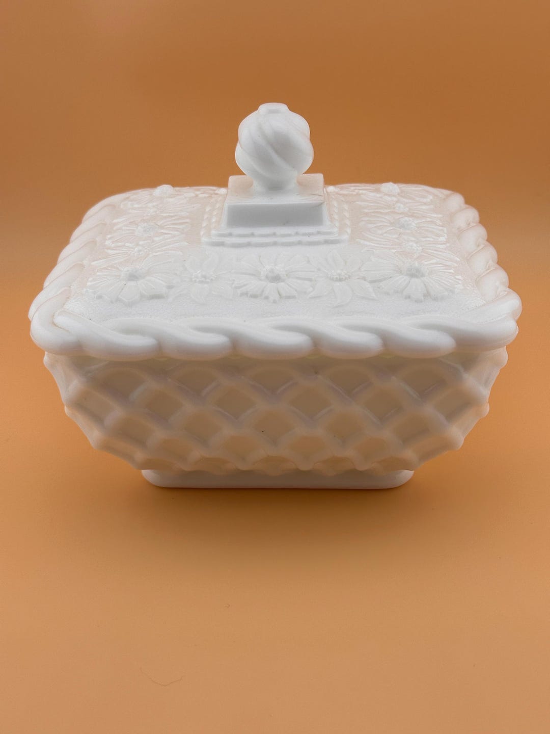 Vintage Imperial Milk Glass Square Candy Dish With a Floral Lid and ...