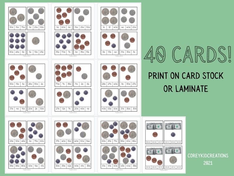Money Coin Counting Clip Cards Kindergarten 1st 2nd Grade - Etsy