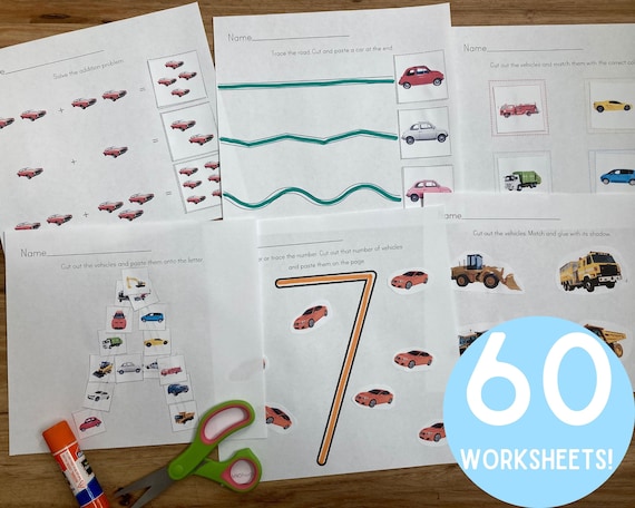 Cars Cut and Paste Worksheets Printable Transportation | Etsy India