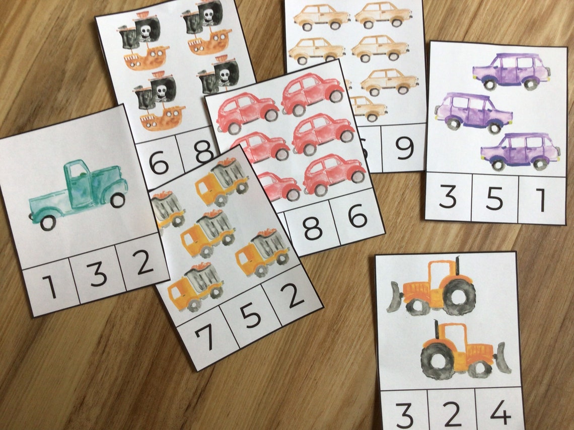 Cars & Trucks Counting Number Clip Cards - 1-10 Preschool Printable ...