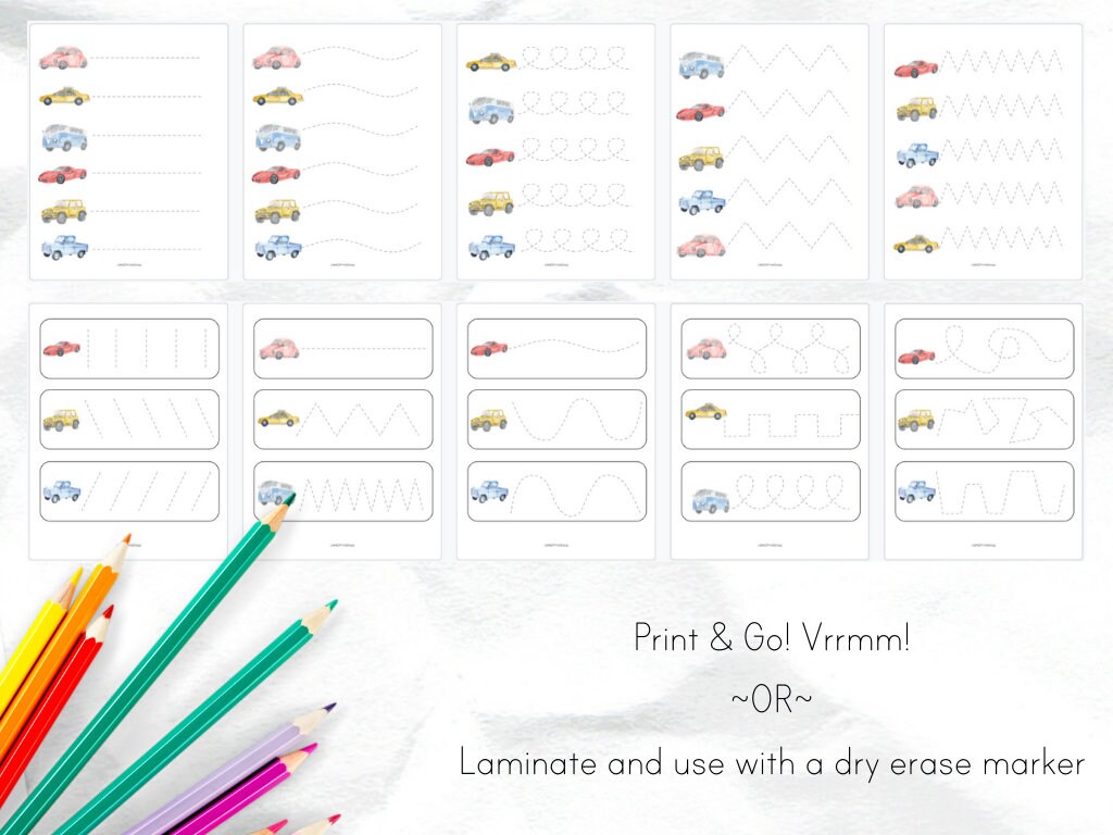 Cars Trucks Line Tracing Cards & Worksheets Pre-writing - Etsy