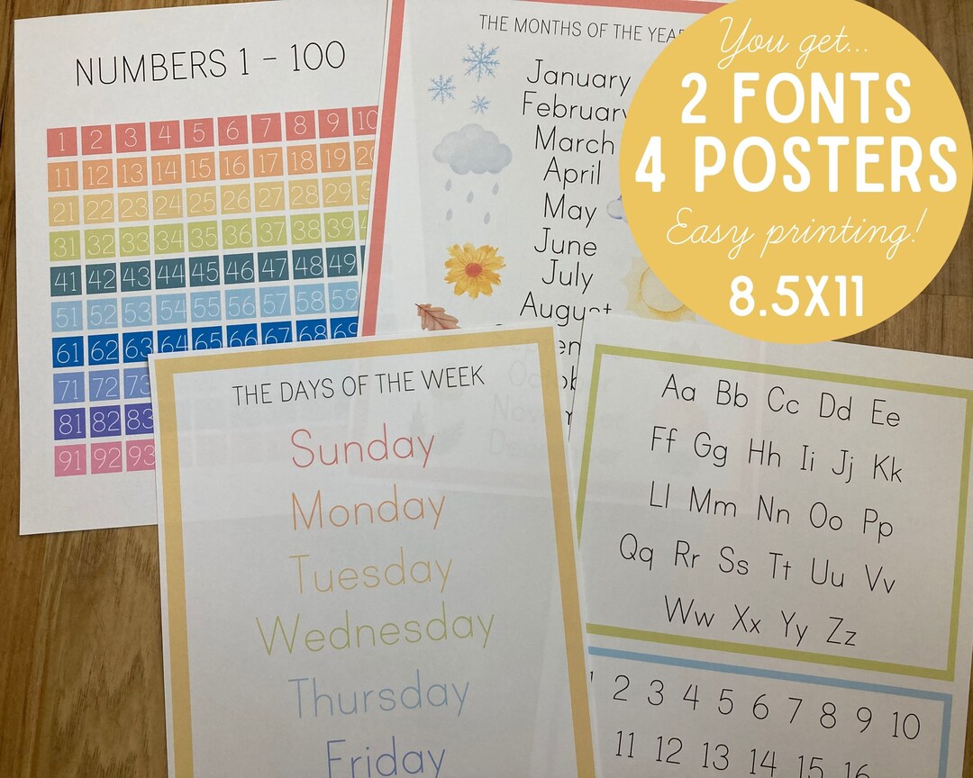 Homeschool Elementary Poster Set - Number Chart Alphabet Letters - Days ...
