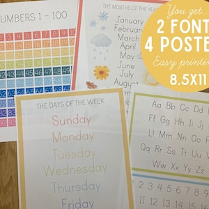 Homeschool Elementary Poster Set - Number Chart Alphabet Letters - Days ...