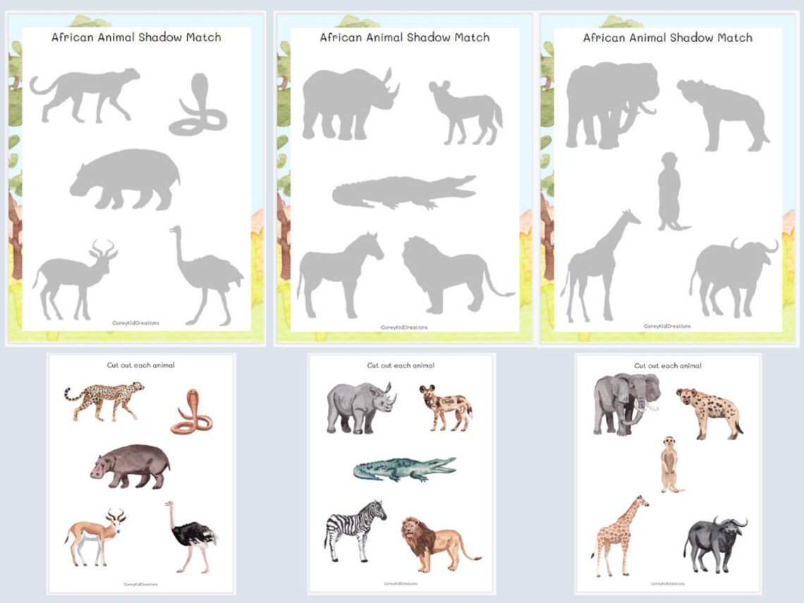 African Animals Shadow Matching Preschool Printable Busy | Etsy
