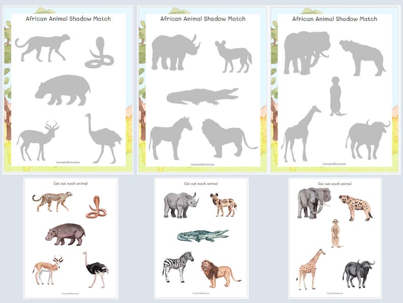 African Animals Shadow Matching Preschool Printable Busy | Etsy