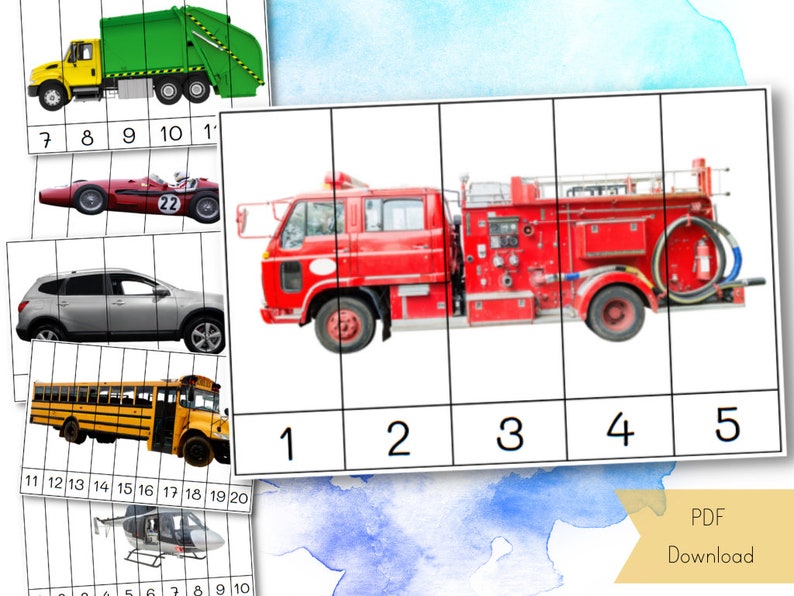 Cars & Trucks Number Order Puzzles - Firetruck Plane Counting Toddler ...