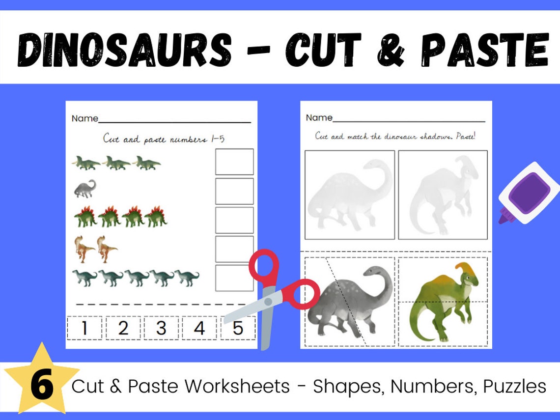 Dinosaur Cut & Paste Worksheet Bundle Shapes Numbers | Etsy