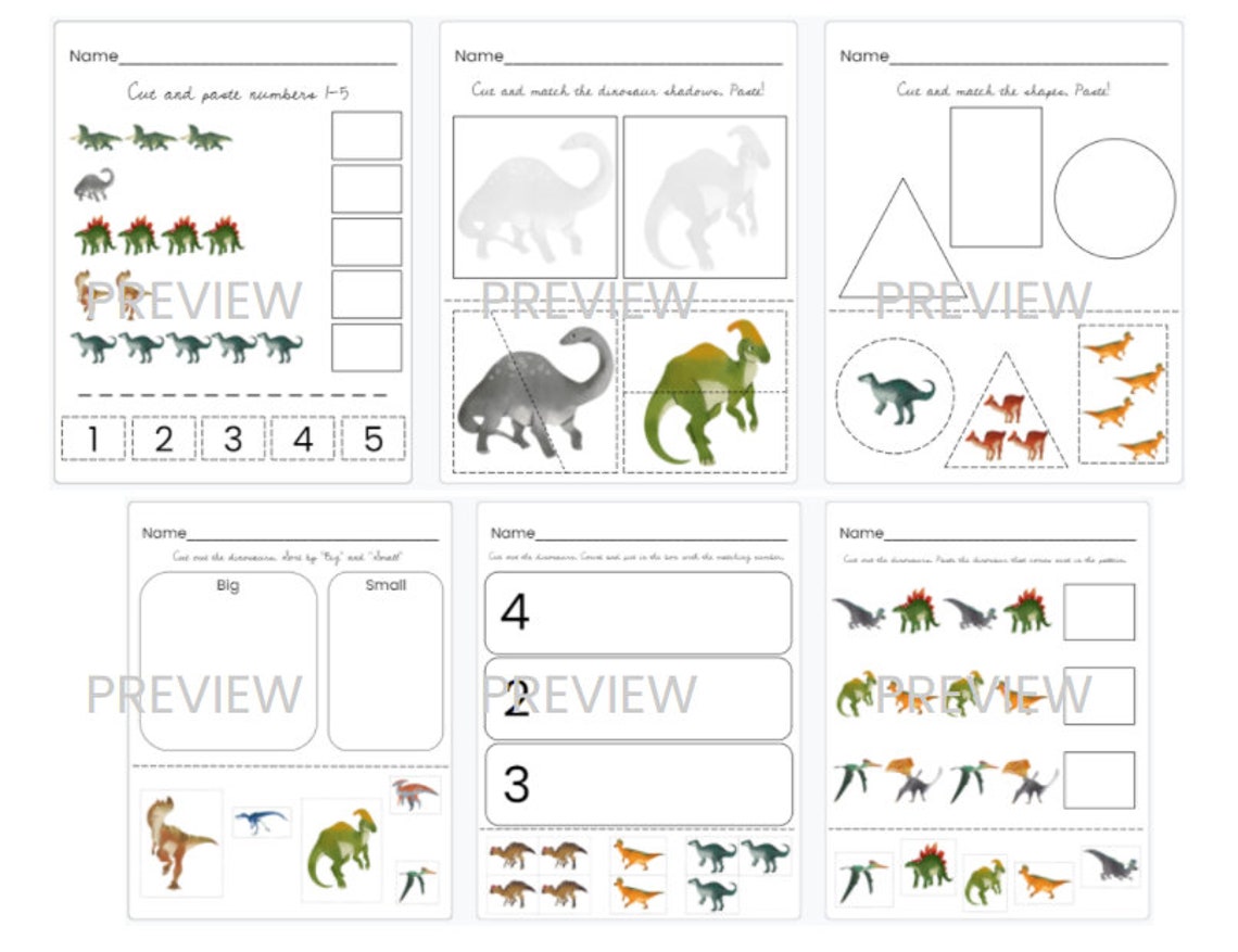 Dinosaur Cut & Paste Worksheet Bundle Shapes Numbers - Etsy