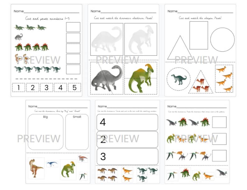 Dinosaur Cut & Paste Worksheet Bundle Shapes Numbers - Etsy