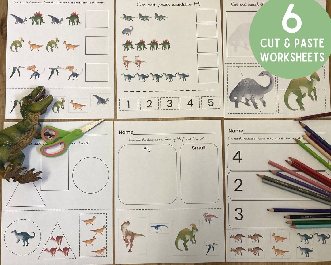 Dinosaur Cut & Paste Worksheet Bundle - Shapes, Numbers, Counting ...