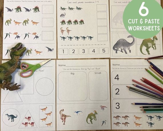 Dinosaur Cut & Paste Worksheet Bundle Shapes Numbers - Etsy