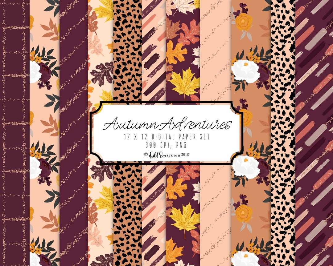 Autumn Adventures Digital Paper Set, Fall, Floral Glitter Stripes ...