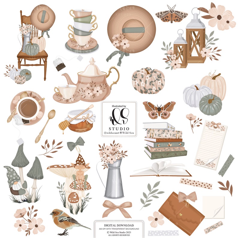 Cottage Core Book Lovers Clipart Set, Printable Art, Fall Clipart ...