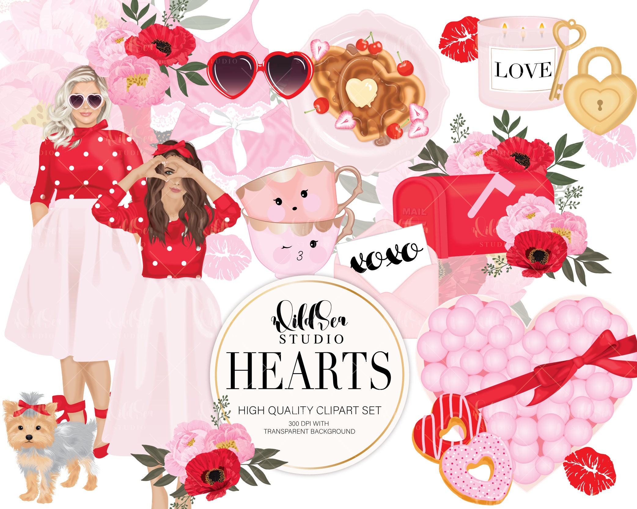 Hearts Valentines Day Clipart Set, Pink and Red, Fashion Doll ...