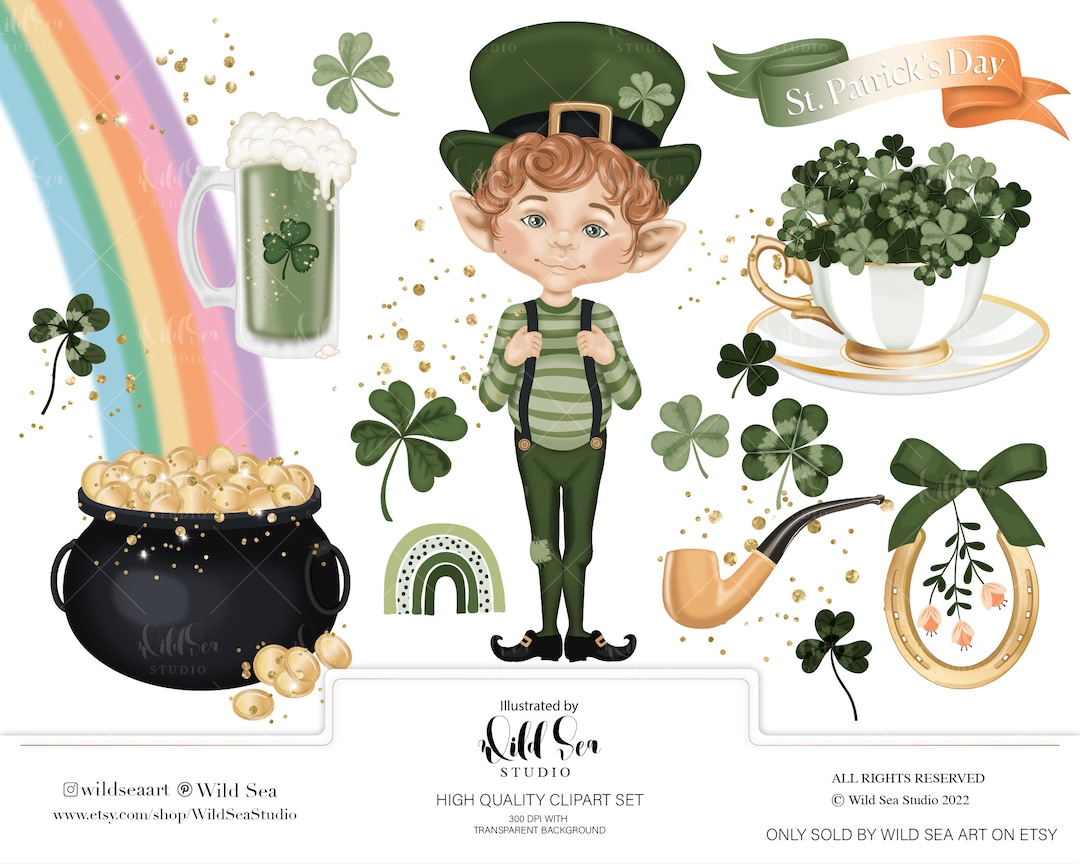 St. Patrick's Day Clipart Set, Shamrock, Four Leaf Clover, Lucky, St ...