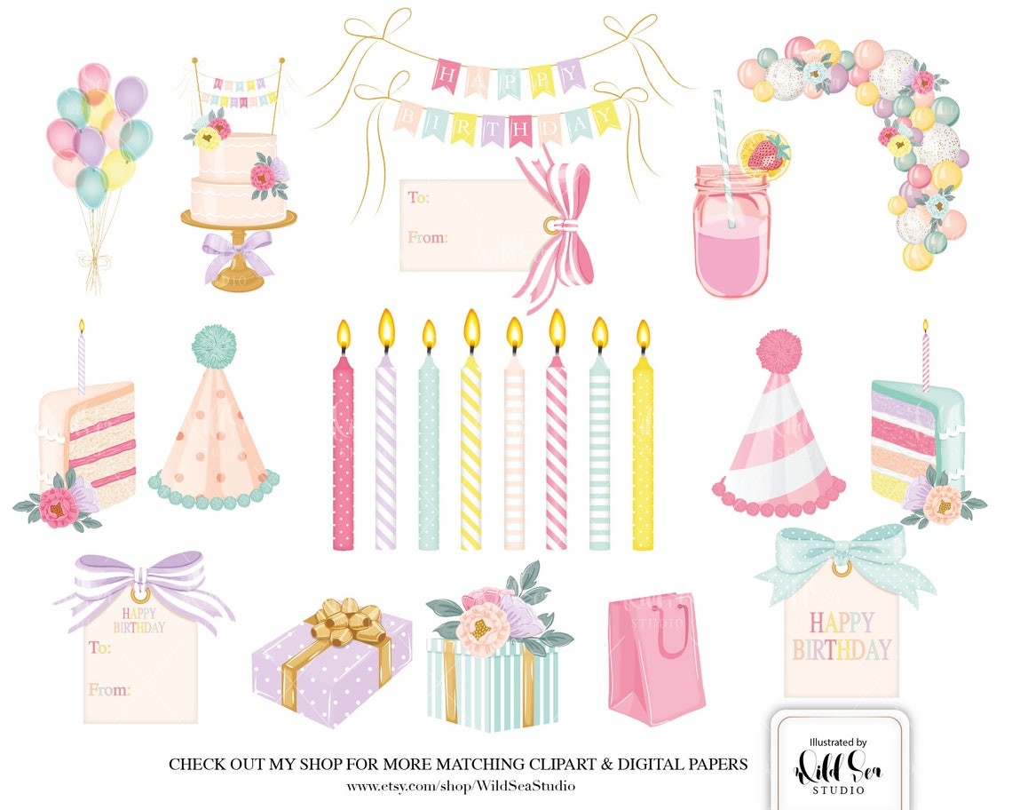 Birthday Clipart Set Printable Art Pink and Purple Floral - Etsy