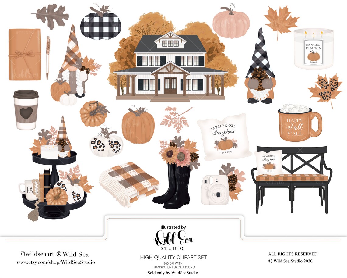 Happy Fall Farmhouse Clipart Set, Gnomes, Farmhouse, Autumn, Pumpkins ...