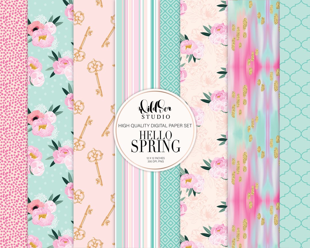 HELLO SPRING Digital Paper Set, Floral, Pink, Mint, Spring, Garden - Etsy