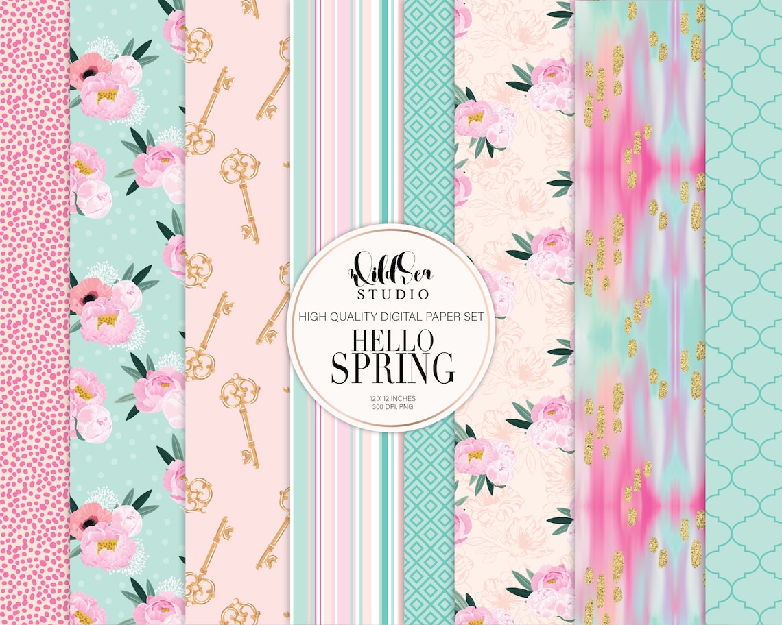 HELLO SPRING Digital Paper set Floral pink mint spring | Etsy