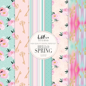HELLO SPRING Digital Paper Set, Floral, Pink, Mint, Spring, Garden - Etsy