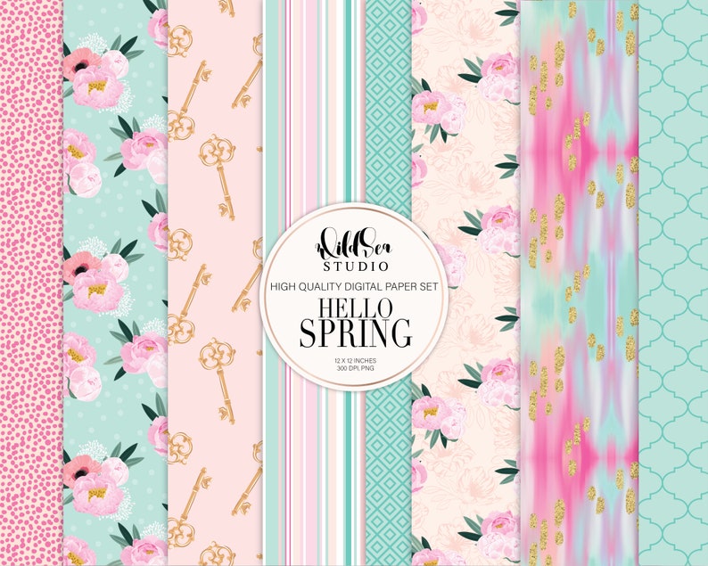 HELLO SPRING Digital Paper set Floral pink mint spring | Etsy